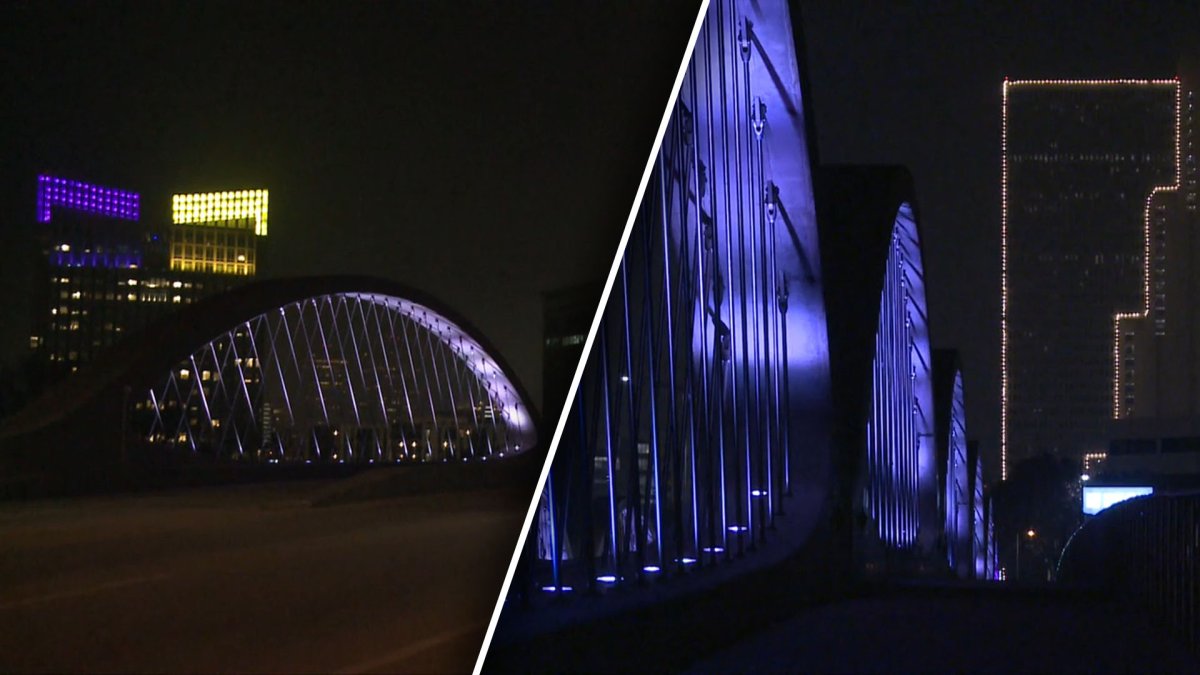 Purple and Gold Lights on 7th Street Bridge in Fort Worth in Honor of ...
