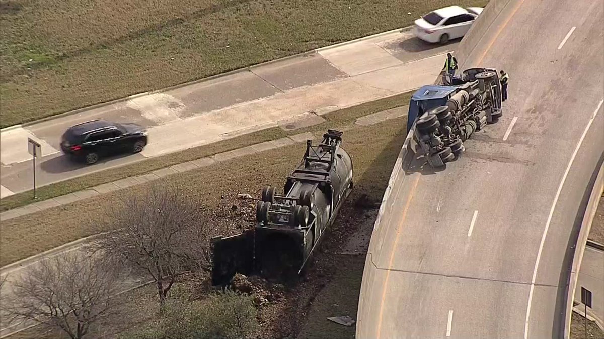 Semi-Truck Overturns in Dallas, Trailer Falls From Elevated Freeway ...