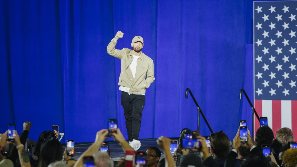 Eminem makes surprise appearance at Kamala Harris campaign rally – NBC ...